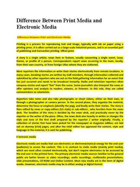 Difference Between Print Media And Electronic Media Pdf News Media