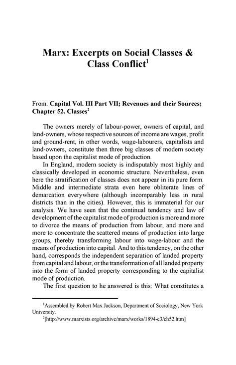 Marx On Social Classes And Class Conflict Marx Excerpts On Social Classes Class Conflict1 From