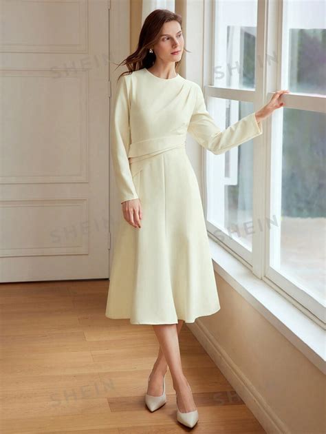 Motf Premium Solid Ruched Waist Flare Hem Midi Dress Shein Usa