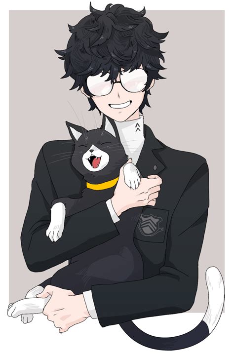 Safebooru 1boy Black Hair Carrying Cat Curly Hair Glasses Highres
