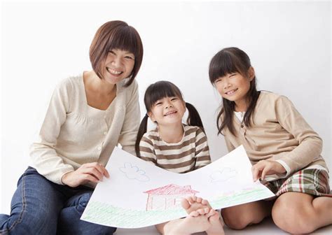 东方人儿童中年人三个人家庭母亲女儿坐跪笑微笑露齿笑横图室内白天白色背景正面纯洁亚洲撑握服装纸墙