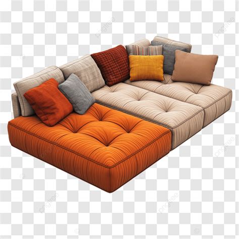 다채로운 베개가 있는 현대적인 단면 소파 3d 렌더링 클립 아트 오렌지 단면 소파 현대적인 모듈식 소파 버튼 터프트 쿠션 Png 일러스트 및 이미지 에 대한 무료