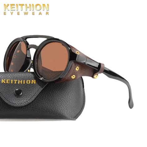 Retro Premium Cool Steampunk Round Sunglasses With Pu Leather Double