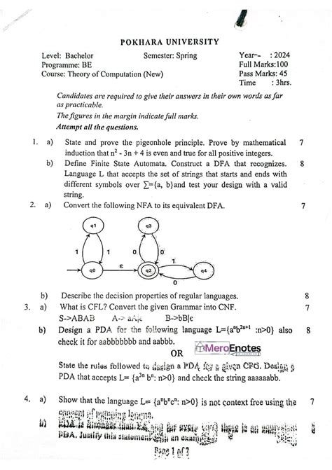 pu be computer theory of computation question paper 4th sem mero enotes