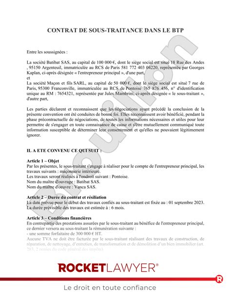 Contrat de Sous Traitance BTP modèle complet
