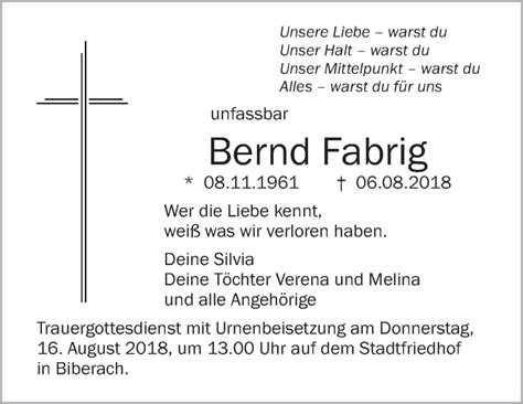 Traueranzeigen von Bernd Fabrig | schwaebische.de Trauerportal