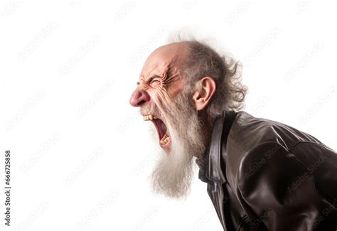Angry Old Grandpa With White Hair And Beard Wearing A Brown Leather