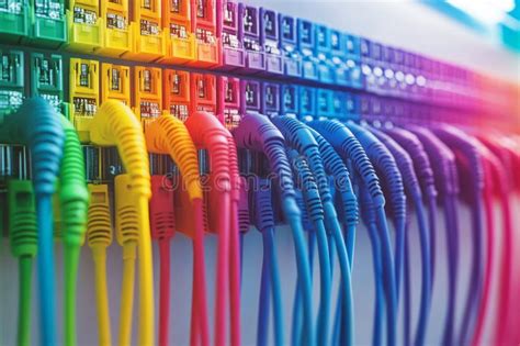 Close Up Of Colorful Ethernet Cables Plugged Into A Server Rack