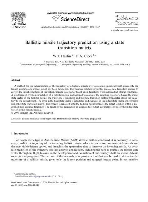 pdf ballistic missile trajectory prediction using a state transition