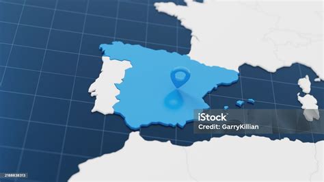 포인터 핀이 있는 파란색 스페인 3d 지도는 흰색으로 다른 나라로 둘러싸여 있습니다 국경이 있는 유럽 정치 지도 3d 렌더링 일러스트레이션 3차원 형태에 대한 스톡 사진 및