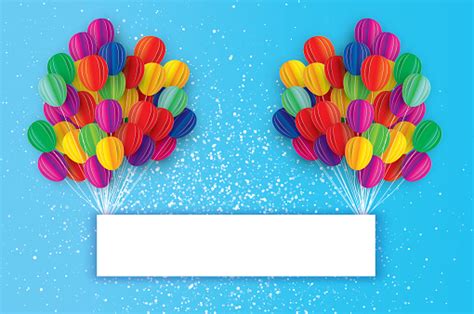 다채로운 비행 종이 절단 풍선 생일 축 하 인사말 카드입니다 종이 접기 사각형 프레임텍스트 공간 다발에 대한 스톡 벡터 아트 및 기타 이미지 Istock