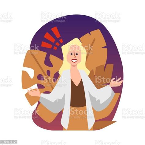 느낌표가있는 놀란 여성 흰색 배경에 고립 된 평평한 벡터 일러스트레이션 가리키기에 대한 스톡 벡터 아트 및 기타 이미지