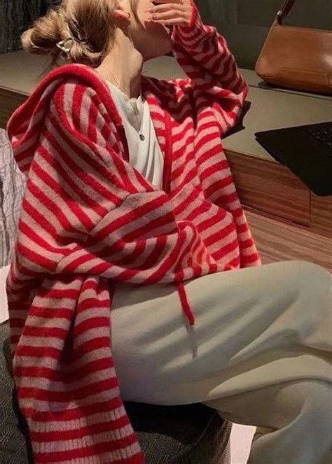 Women Red Zippered Wrinkled Striped Patchwork Cotton Knit Hoodies Coats