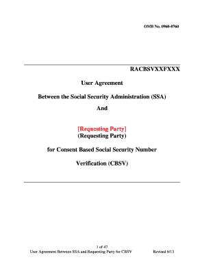 Fillable Online Socialsecurity CBSV USER AGREEMENT Social Security Socialsecurity Fax Email
