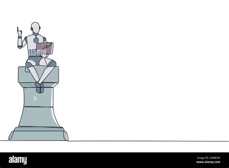 Continuous One Line Drawing Robotic Artificial Intelligence Sitting On Giant Chess Piece Rook