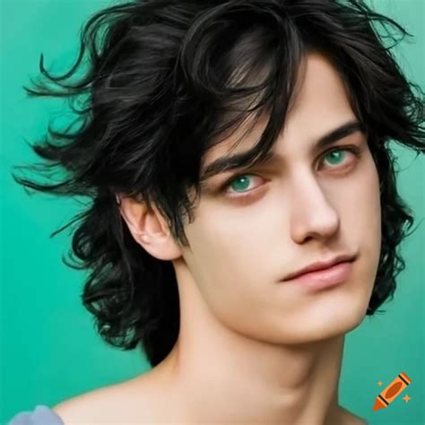 Young Man With Shoulder Length Wavy Black Hair And Green Eyes