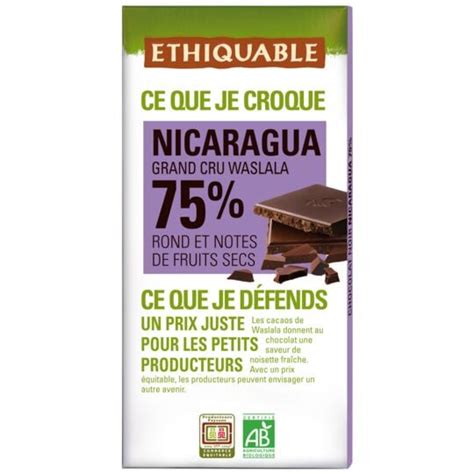 Ethiquable Chocolat Noir 75 Cacao Notes Fruits Secs Nicaragua Bio ETHIQUABLE