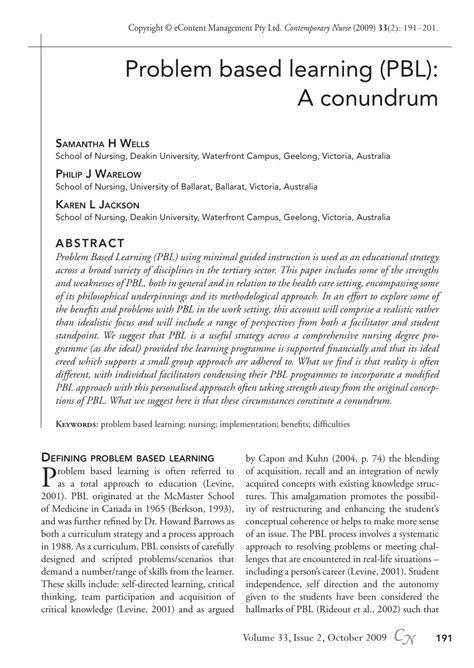 Pdf Problem Based Learning Pbl A Conundrum