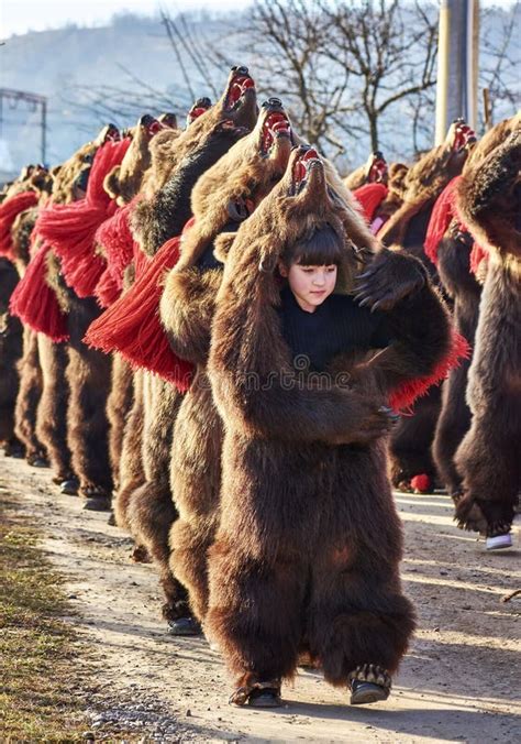 Romania December 2023 Local Man Dressed In Bear Fur Romanian