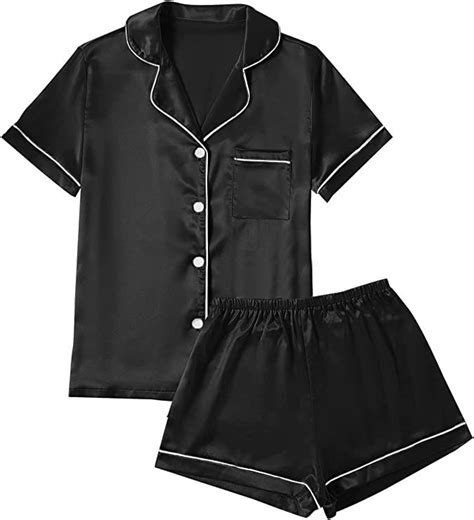 Lyaner Womens Satin Pajamas Set Short Sleeve Button Shirt Silky