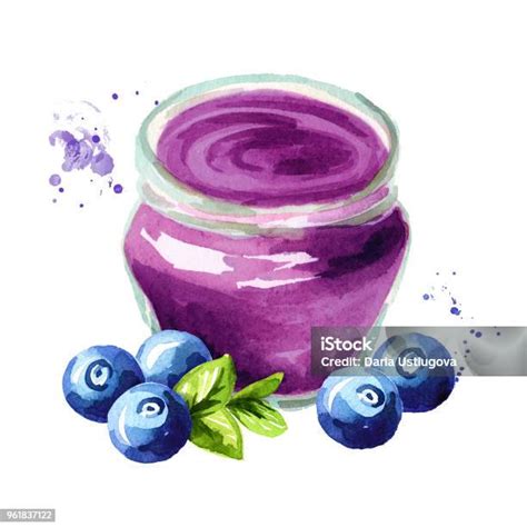 유기농 과일 잼 블루베리 마멀레이드와 신선한 딸기 흰색 배경에 고립의 유리 항아리 수채화 손으로 그린 그림 마멀레이드에 대한 스톡 벡터 아트 및 기타 이미지 Istock