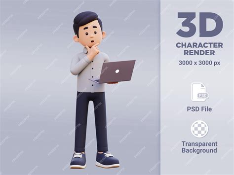 Premium Psd 3d Male Character Thinking And Working On A Laptop