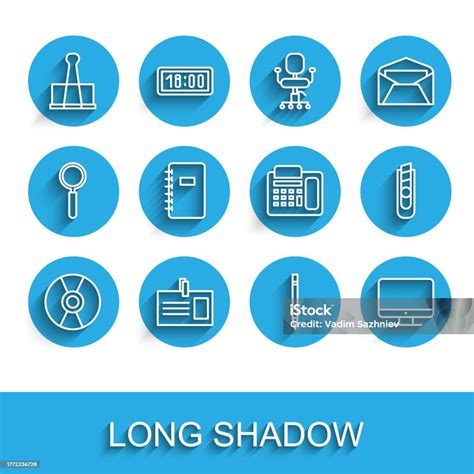 라인 Cd 또는 Dvd 디스크 식별 배지 바인더 클립 지우개가 달린 연필 컴퓨터 모니터 화면 나선형 노트북 편지지 칼 및 전화 아이콘을 설정합니다 벡터 0명에 대한 스톡