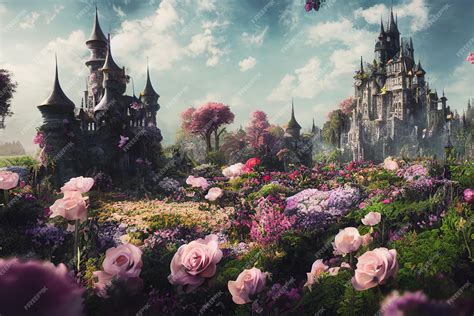 Castillo De Jardín De Fantasía Con Muchas Flores Rosas Y Nubes Ilustración Arte Conceptual