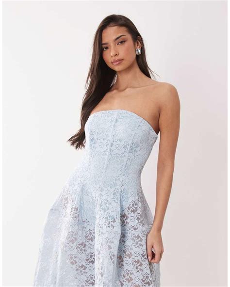 Asos Premium Bandeau Lace Full Skirt Midi Dress In Blue Lyst Uk