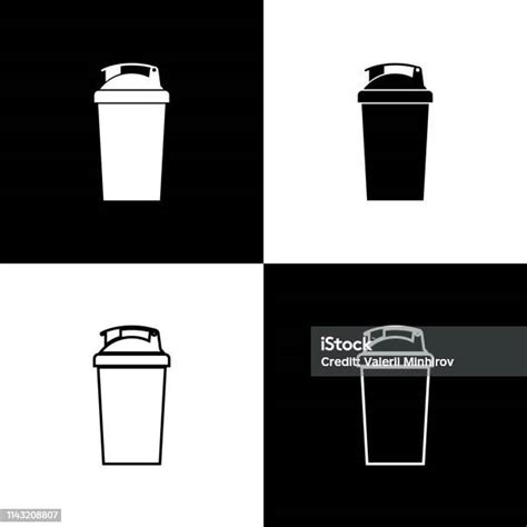 검은 색과 흰색 배경에 고립 된 피트 니스 셰이 커 아이콘을 설정 합니다 물과 단백질 칵테일을 위한 뚜껑이 달린 스포츠 셰이 커 병 선 개요 및 선형 아이콘입니다 벡터