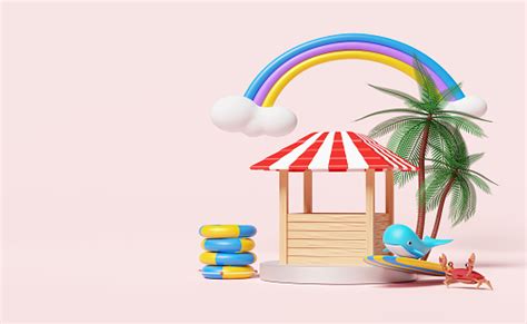무대 연단 구명 부표 야자수 고래 게 무지개 구름 분홍색 Backgroundonline 쇼핑 여름 판매 개념 3d 그림 또는 3d 렌더링에 격리된 서핑보드가 있는 건물 상점