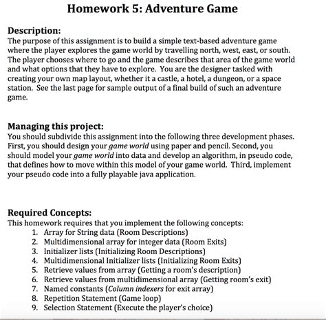 homework 5 adventure game description the purpose