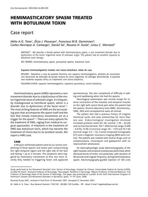 Pdf Hemimasticatory Spasm Treated With Botulinum Toxin Case Report