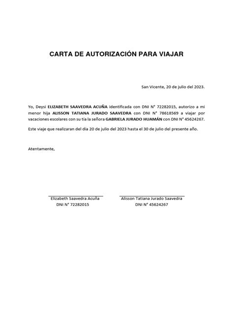 Carta De Autorizacion Para Viajar Pdf
