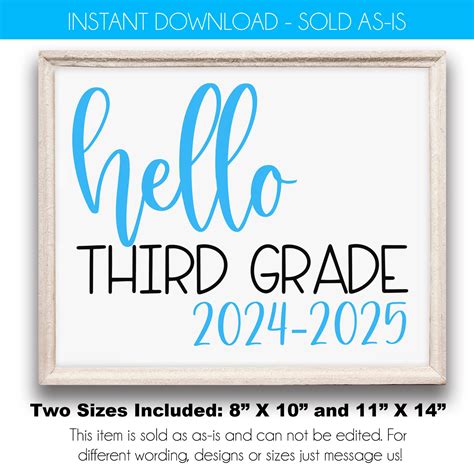 Blue First Day Of Third Grade Sign Hello 3rd Grade 2024 Sign First Day Of School Printable Sign