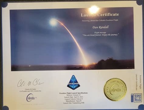 Excelsior Flight Launch Certificate Printed