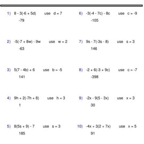 Evaluating Expressions Worksheets 7th Grade