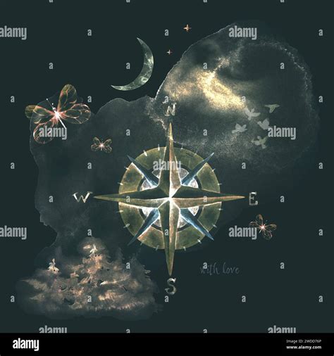 Golden Compass On A Dark Background Peace Symbolism Navigation Cardinal Directions Golden