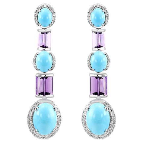 3007 Carats Diamond Tanzanite And Turquoise Dangle Earrings In