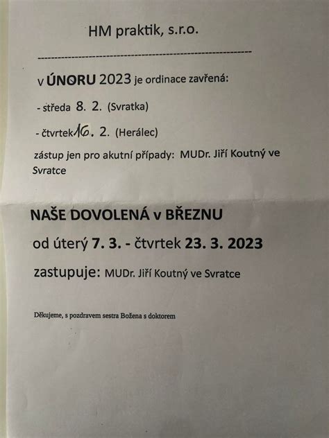 Dovolená Mudr Martin Hatala Obec Svratouch