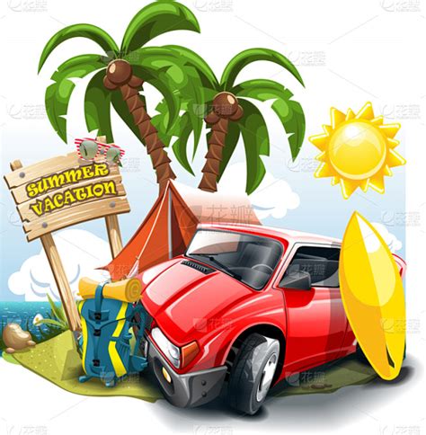 汽车红色海洋绿色山卡通海岸线挨着复古绘制