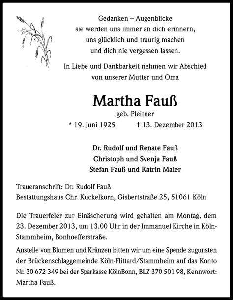 Traueranzeigen Von Martha Fauß Wirtrauern