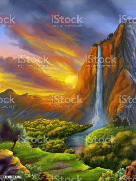 Lanskap Fantasi Saat Matahari Terbenam Ilustrasi Stok Unduh Gambar Sekarang Lukisan Produk