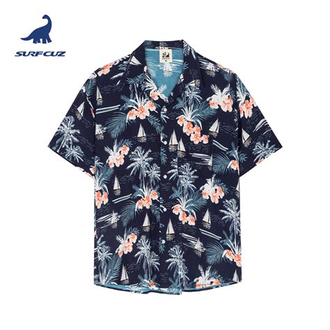 Surfcuz夏季短袖衬衫男度假衬衫宽松大码男衬衫沙滩衬衫夏威夷风虎窝淘