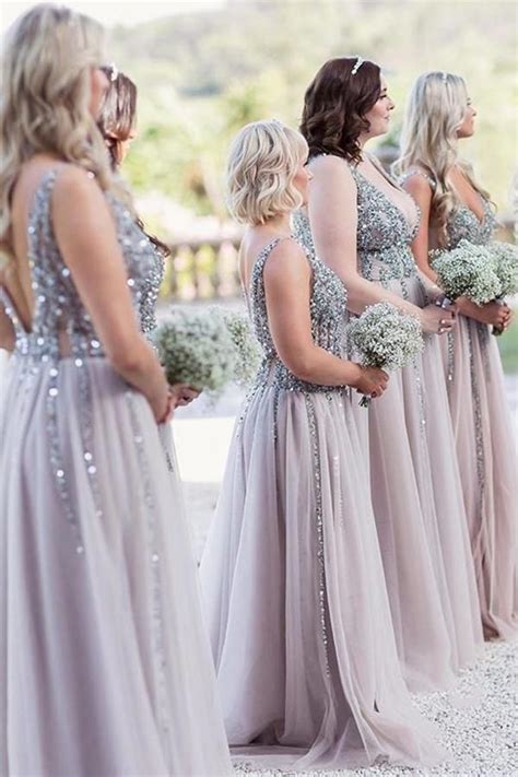 Deep V Neck Western Country Bridesmaid Dresses Long Beaded Tulle