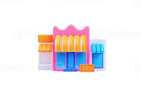 A Colorful Toy Storefront Featuring A Pink Building With Multiple Awnings Windows And A Sign