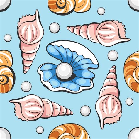Premium Vector Vector Pattern Of Seashells With Pearls And Cone Shells In Cartoon Comic Style
