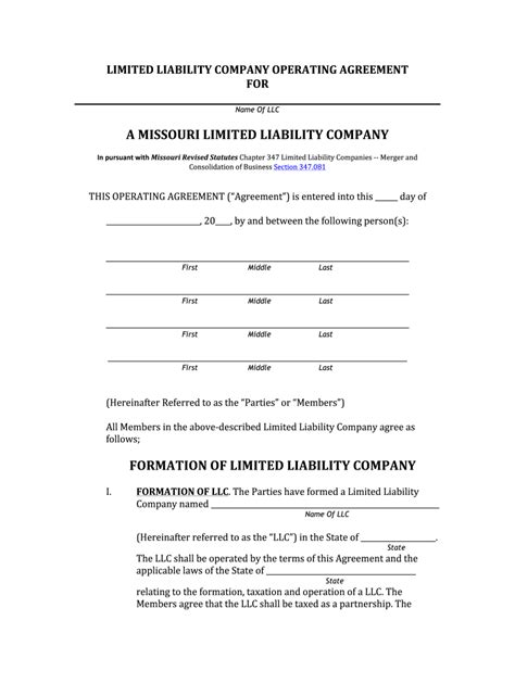 Mo Limited Liability Company Operating Agreement Form Fill Online