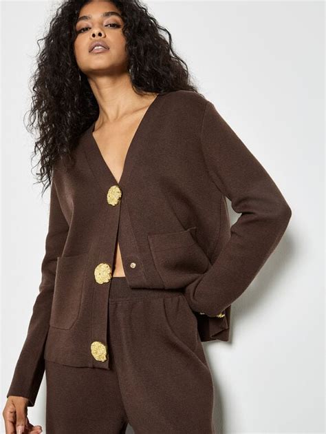 Statement Hammered Buttons Lightweight Cardigan Apricot Clothing