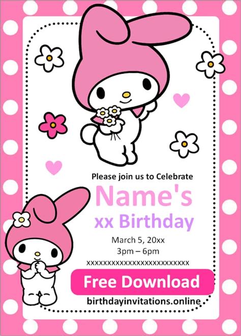 Free My Melody Birthday Invitation Template Edit Online